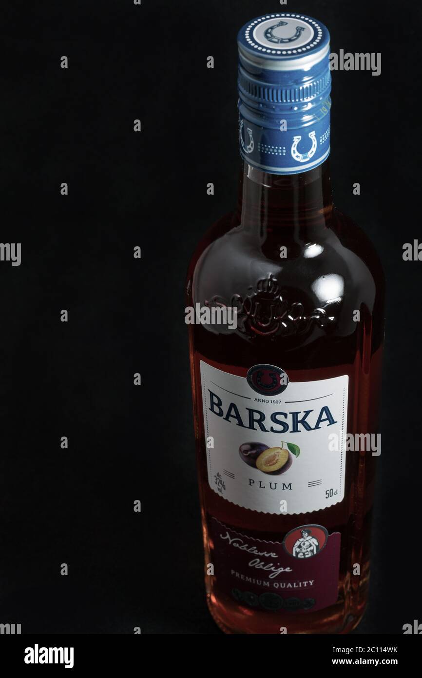 KYIV, UKRAINE - MAY 15, 2020: Lithuanian Barska vodka plum liqueur ...