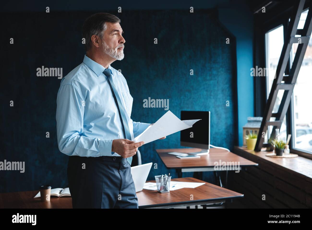 Focused concentrated accountant, mature businessman looking at the ...