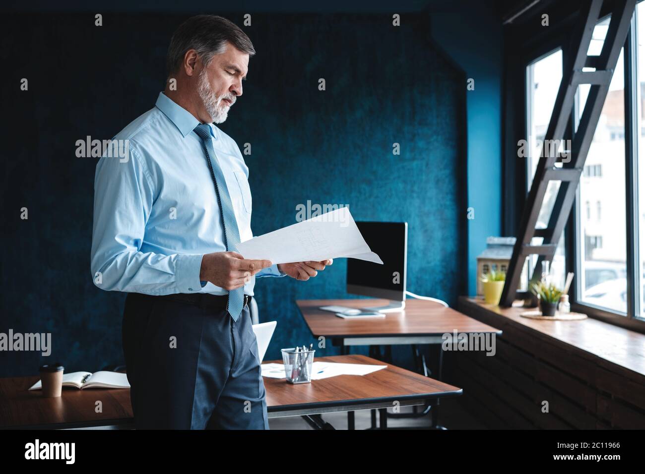 Focused concentrated accountant, mature businessman looking at the ...