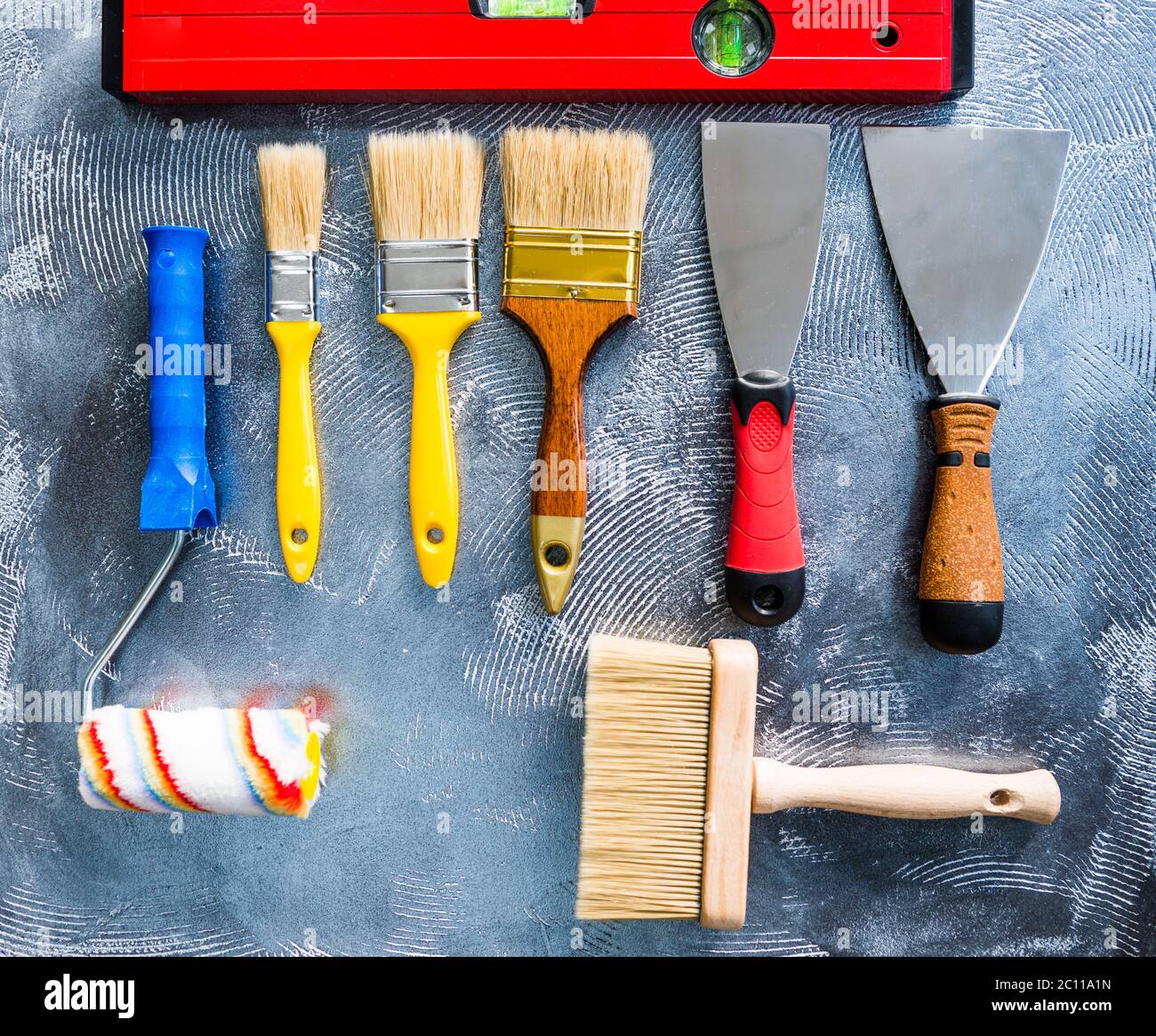 mix of handle working tools at abstract textured cement surface Stock ...