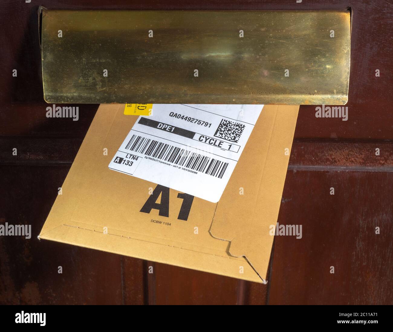 A flat cardboard packet with label from the shipping / courier ...