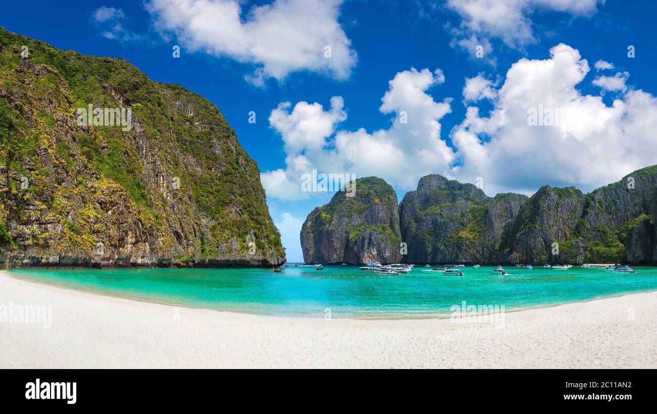 Panorama of Maya bay on Koh Phi Phi Leh island, Thailand in a summer ...