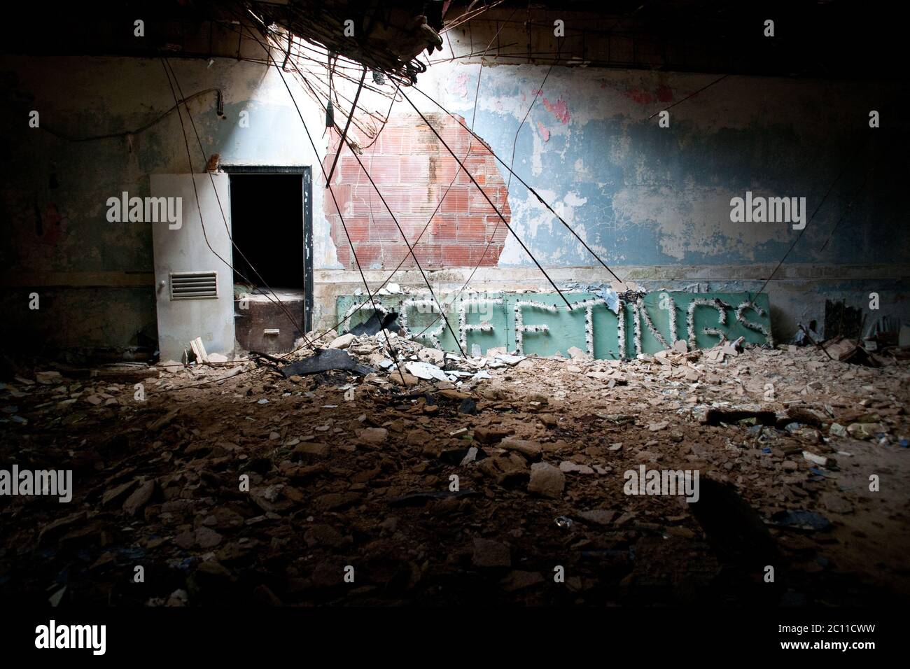 The dilapidated party room of the abandoned Martin Inn Hotel in the ...