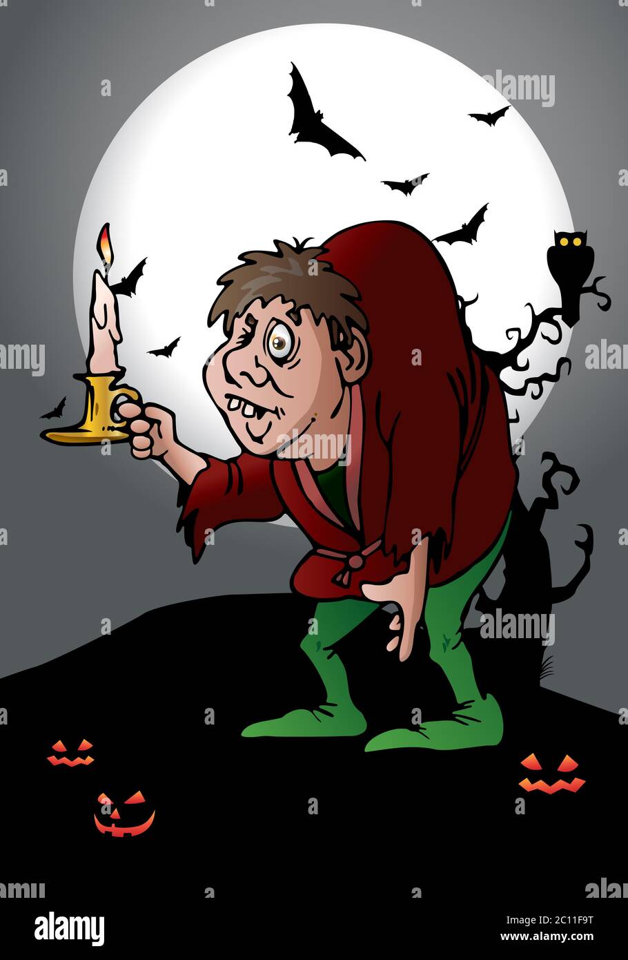 illustration of a hunchback man hold candle on hallowen background ...