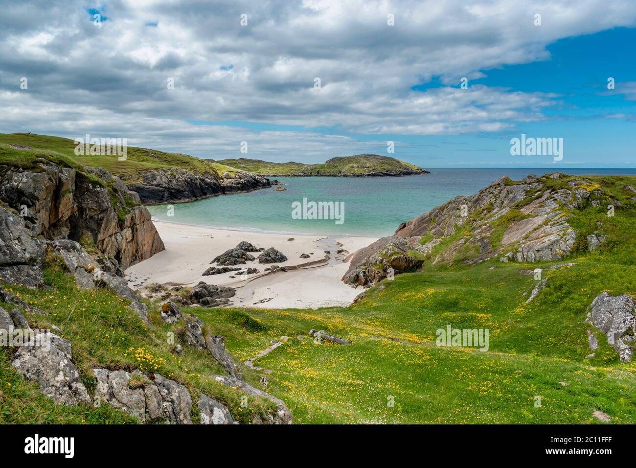 ACHMELVICH BAY AND BEACH SUTHERLAND HIGHLANDS SCOTLAND BLUE SKY WITH ...