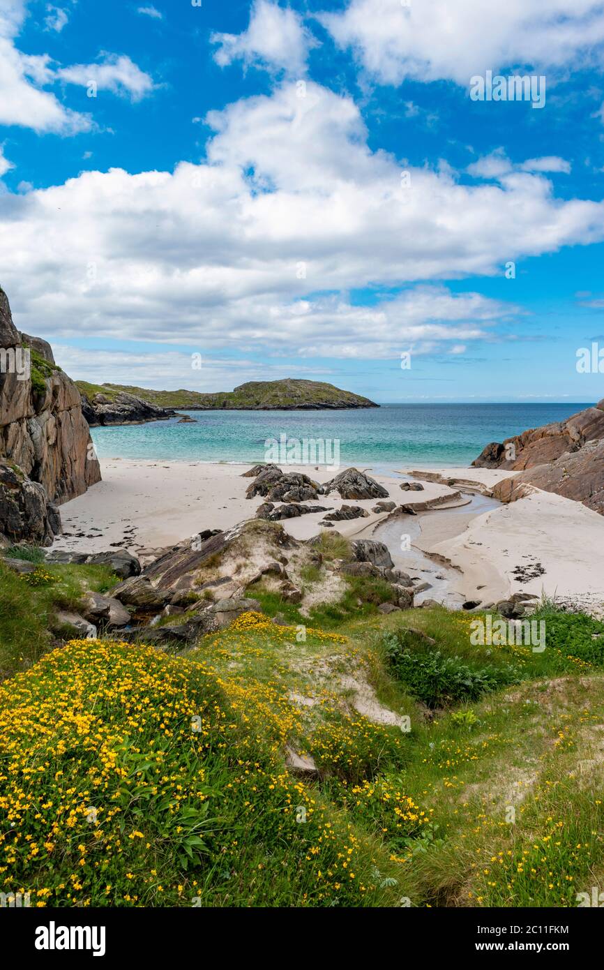ACHMELVICH BAY AND BEACH SUTHERLAND HIGHLANDS SCOTLAND BLUE SKY WITH ...