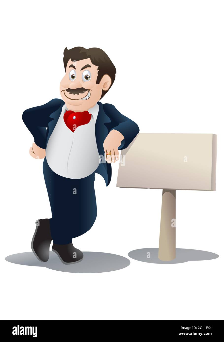 illustration of a salesman smile and pose on blank sign board over ...