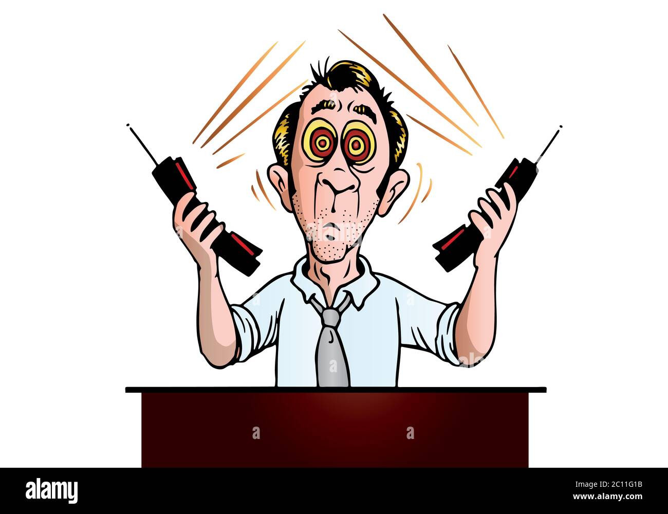 illustration of an operator with busy answering two phone call in one ...