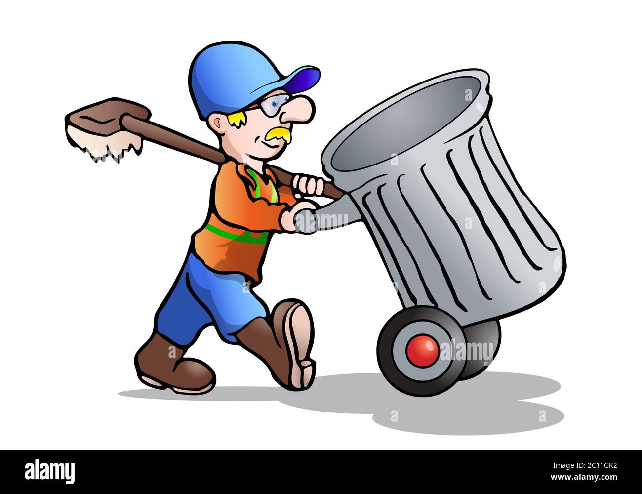 illustration of a janitor with a broom and trash carriage on isolated ...