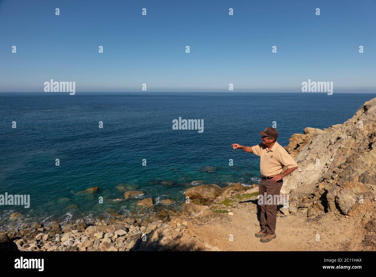 Park ranger pointing out historic points of interest on Catalina Island ...