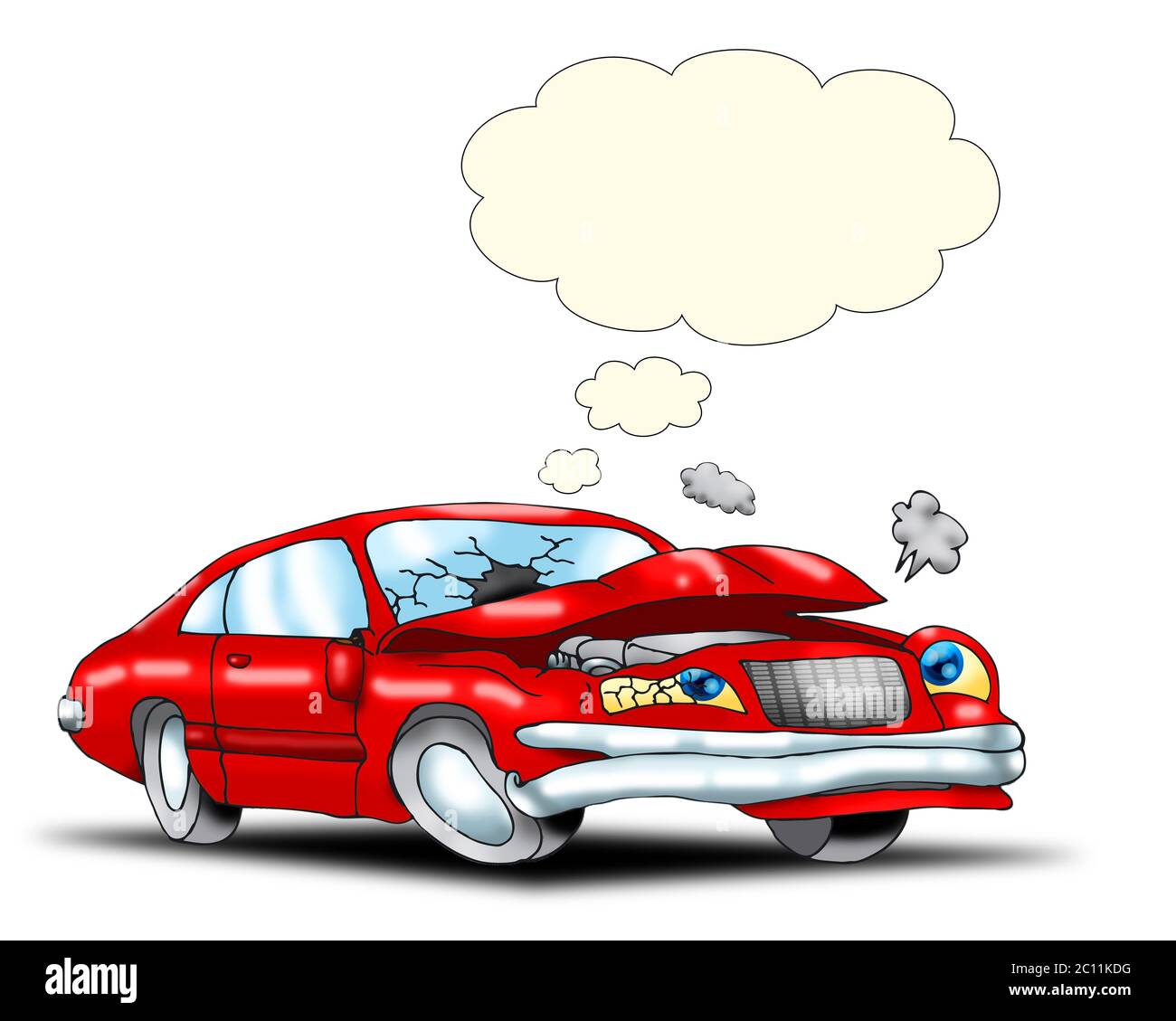 red Car destroyed in a crash with empty bubble text Stock Photo - Alamy