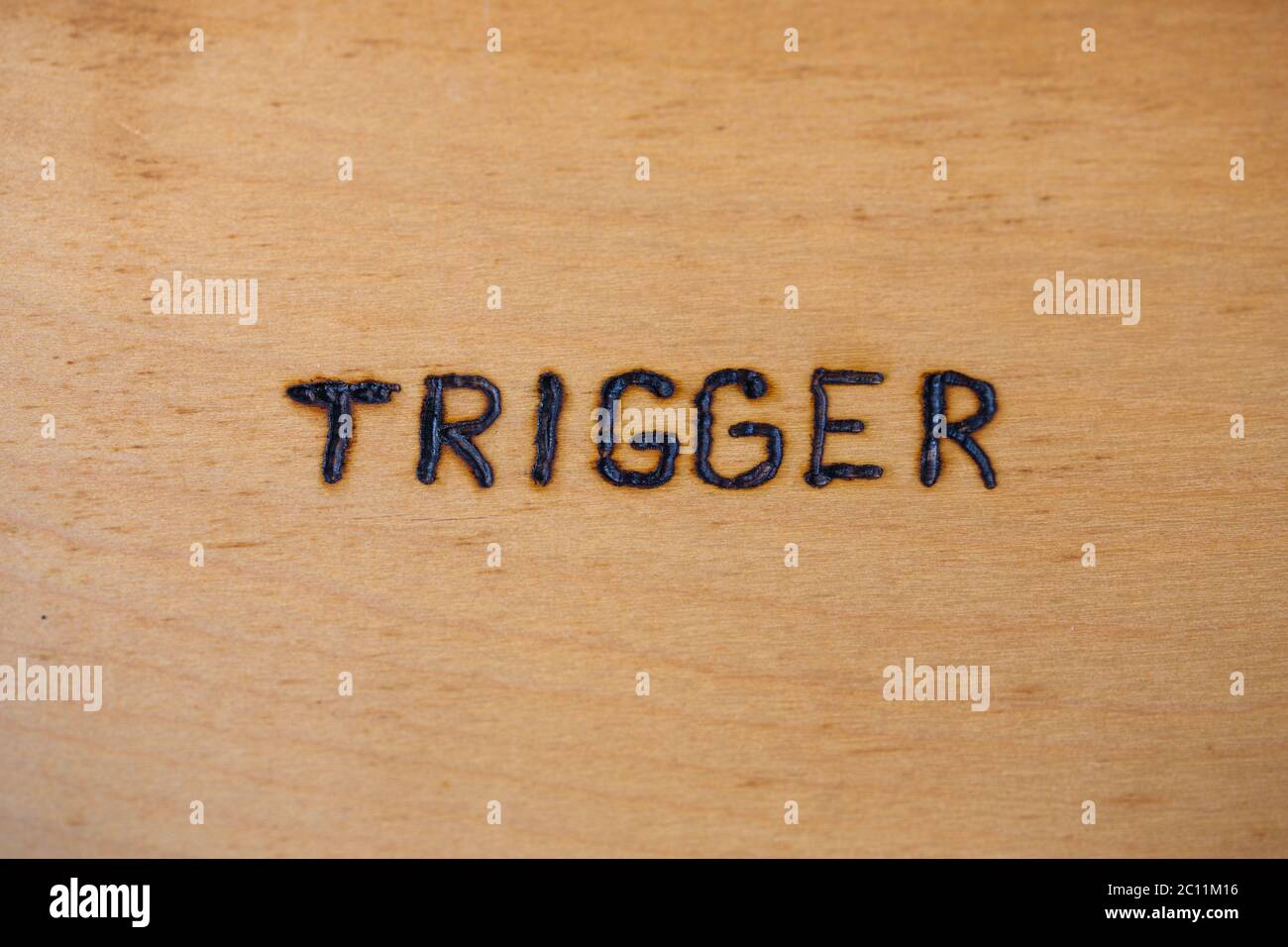 the word trigger handwritten on flat bare plywood surface with ...