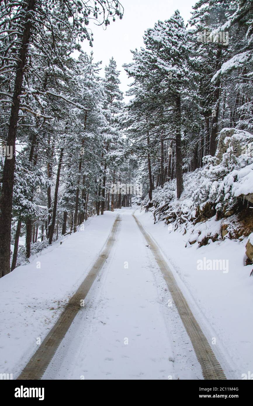 Mountain road in winter with snow Stock Photo - Alamy