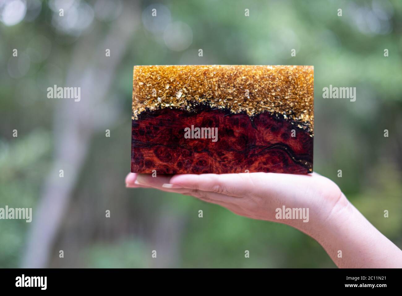 Hand holding cube casting epoxy resin gold with nature burl BURMA ...