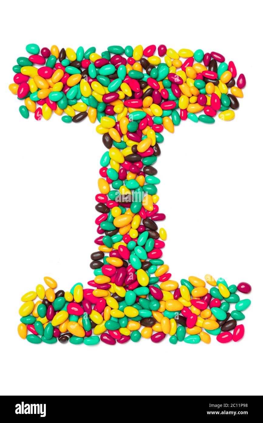 Letter I of the English alphabet from multicolored round chocolates on ...