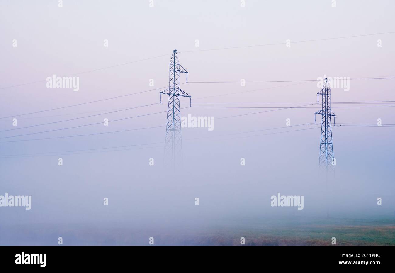 Power lines on field in morning fog Stock Photo - Alamy