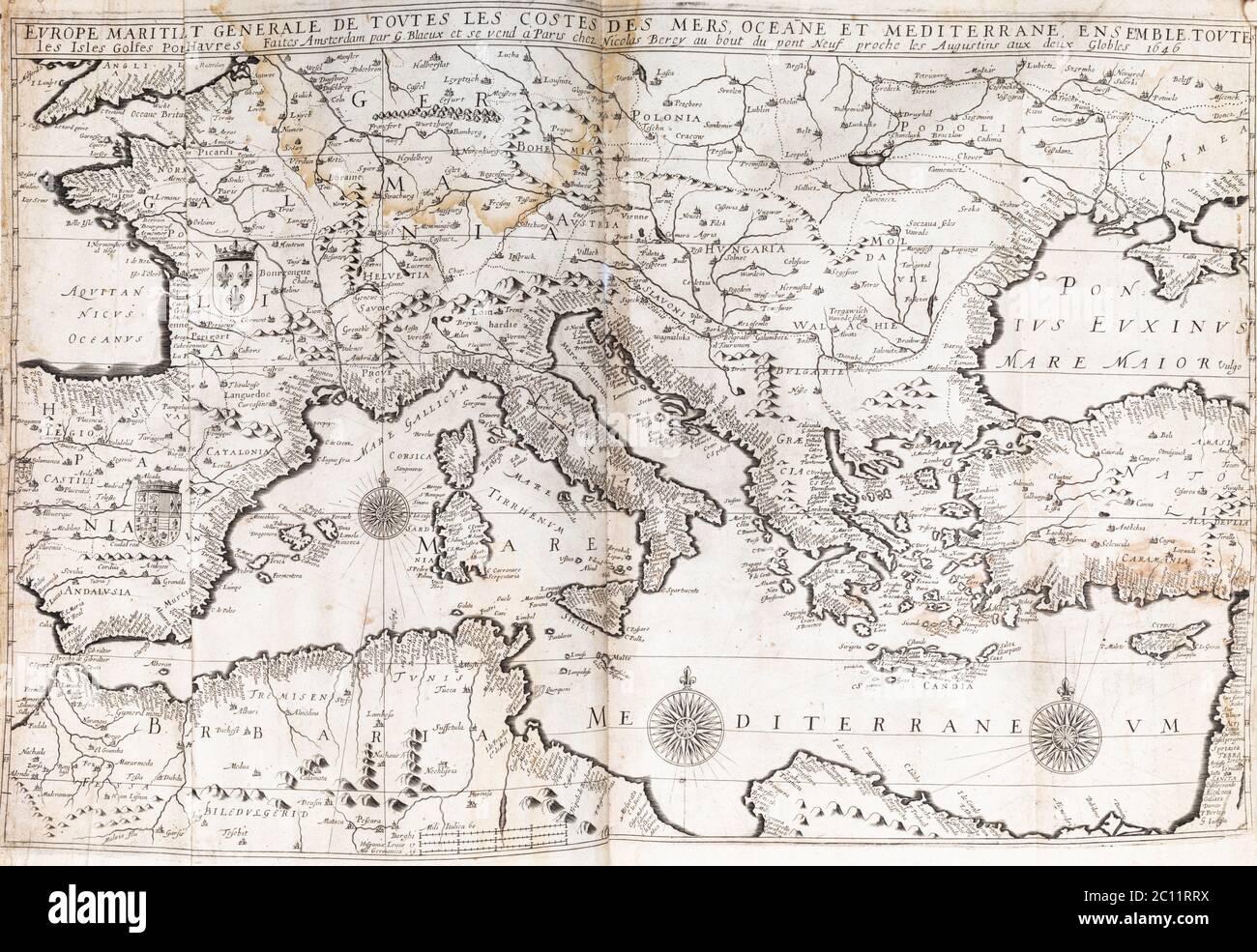 Old map of Southern Europe - From an 1656 Atlas of Geography from P. du ...