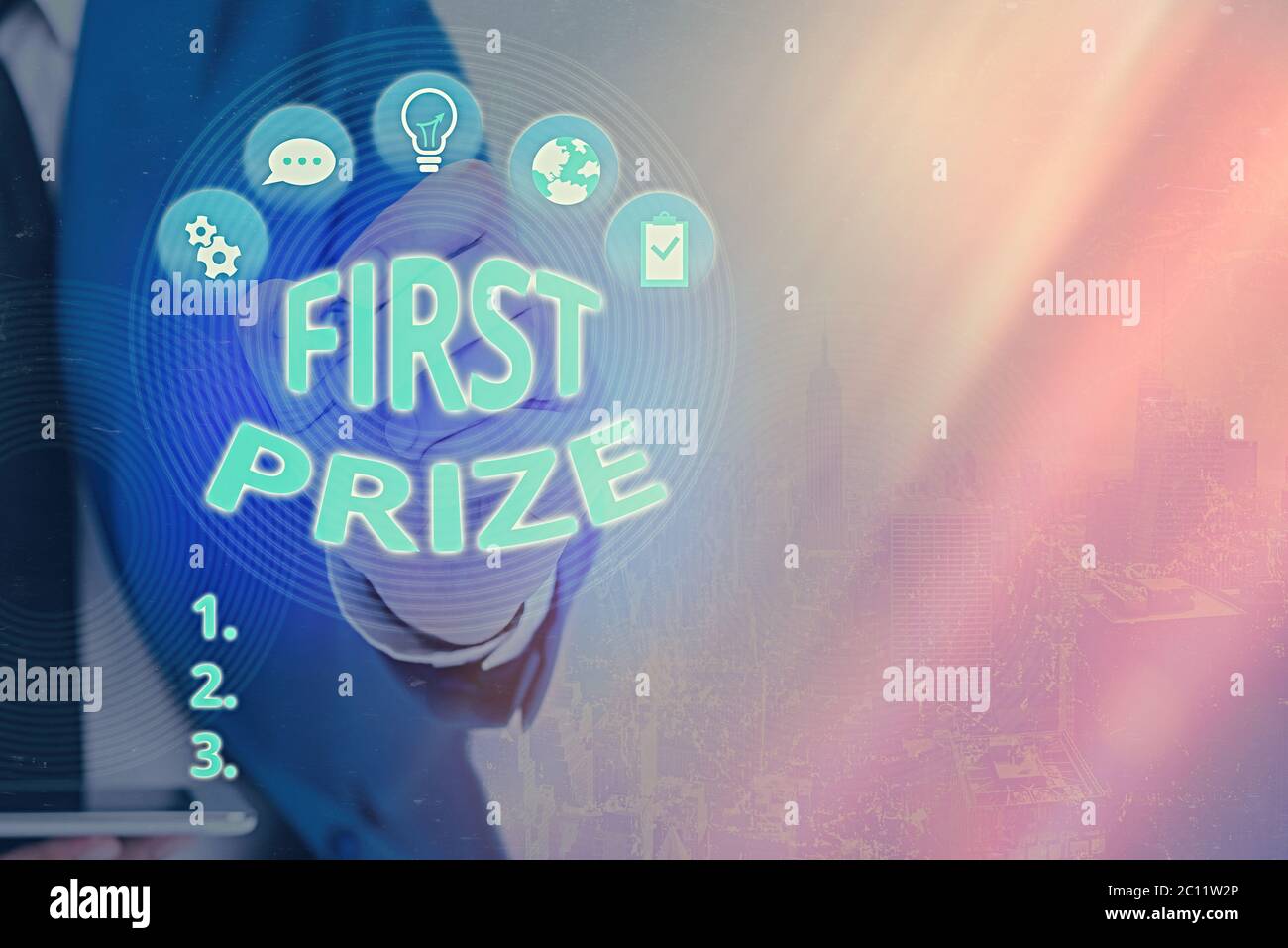 Writing note showing First Prize. Business concept for most coveted ...