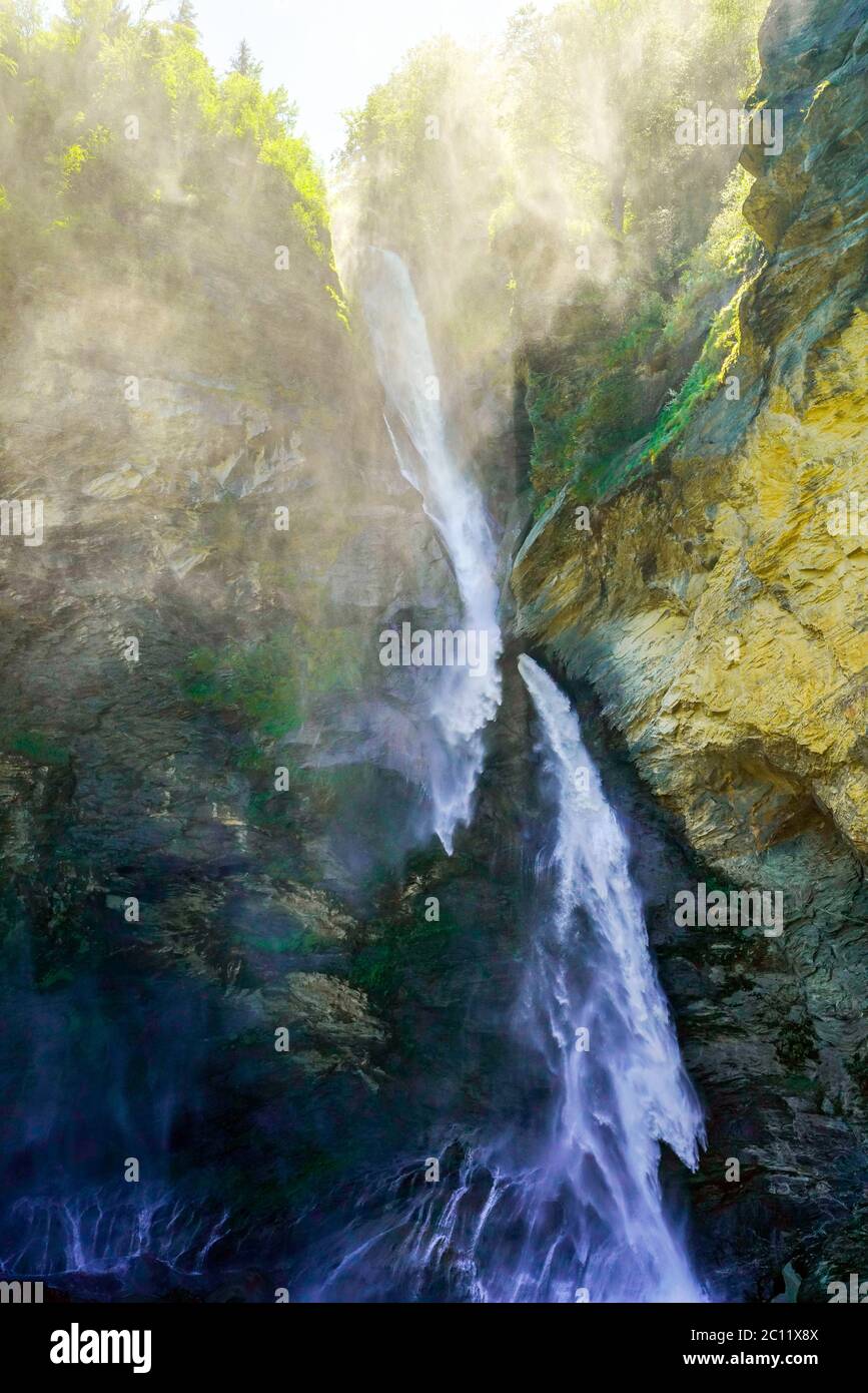 Famous Reichenbach waterfalls in strong winds and strong sunlight ...