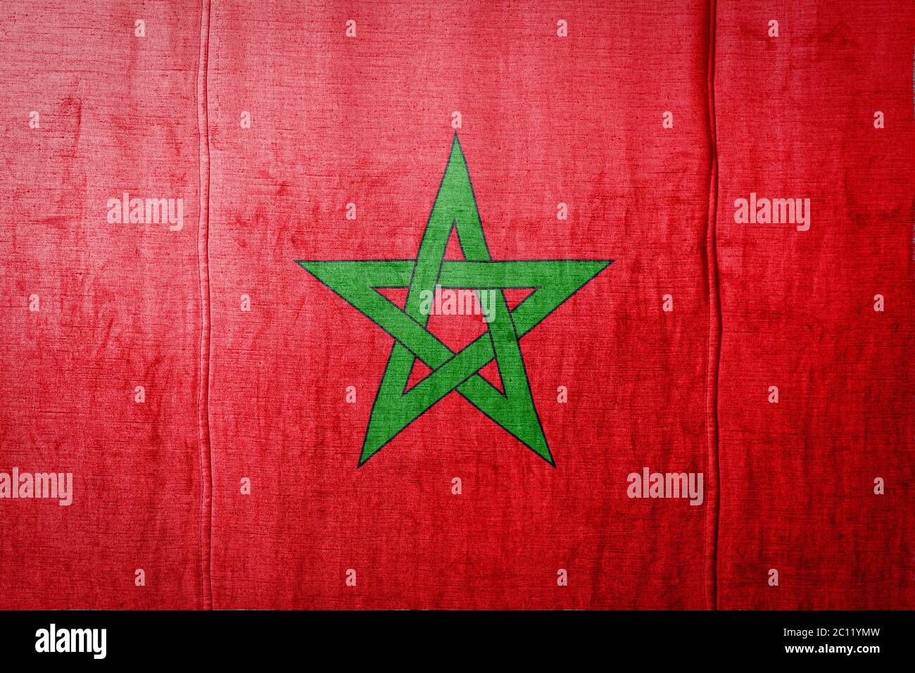 National flag of Morocco depicting in paint colors on old textile. Flag ...