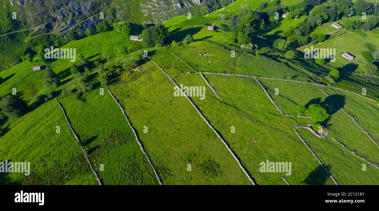 Spring landscape of mountains, meadows of mowing and cabins pasiegas in ...