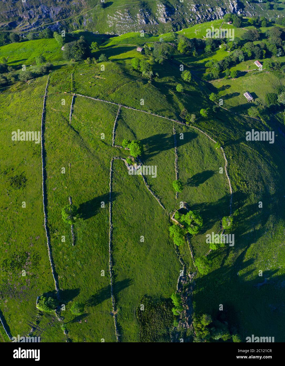 Spring landscape of mountains, meadows of mowing and cabins pasiegas in ...