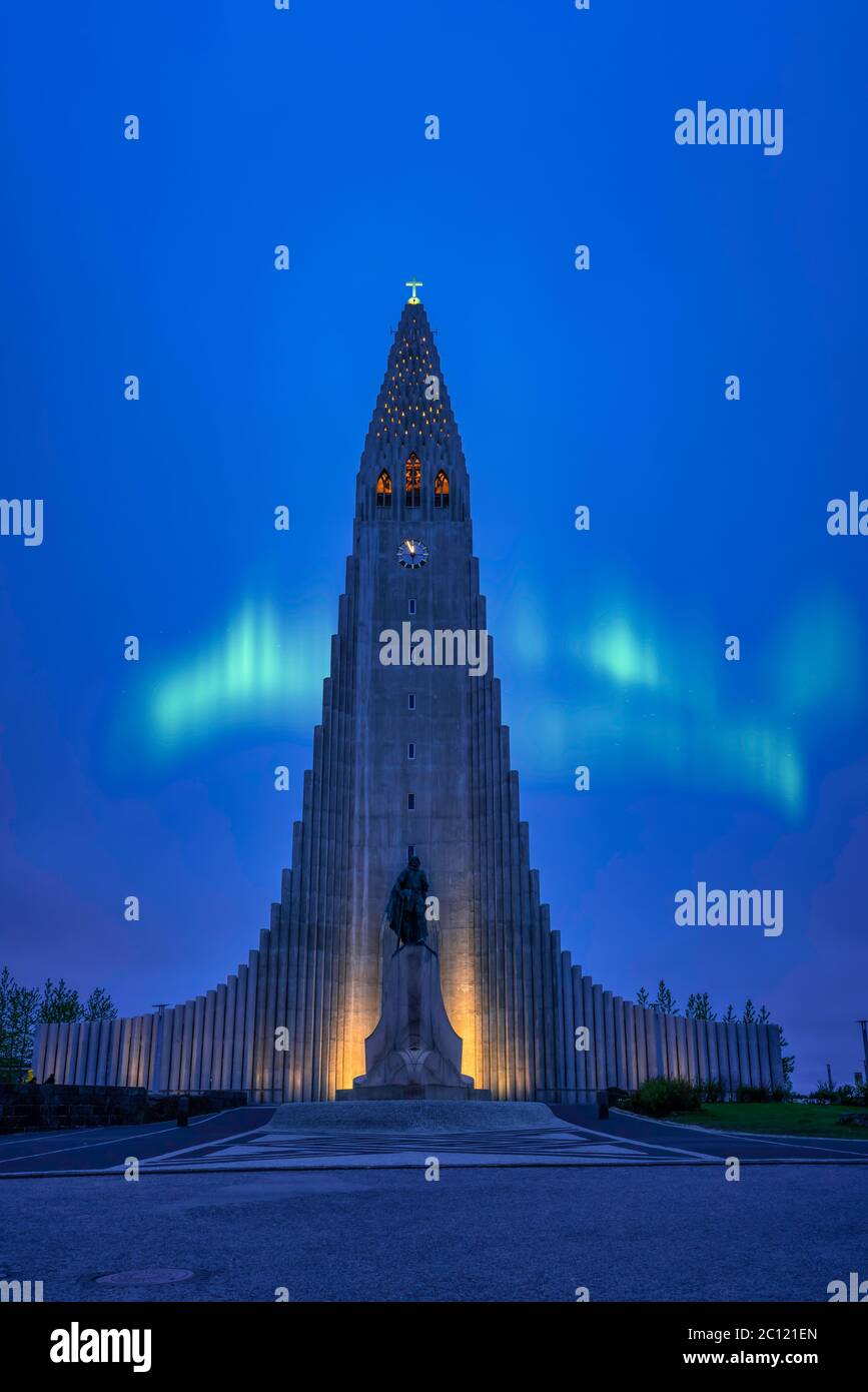 The Hallgrimskirkja Church building exterior at night in Reykjavik ...