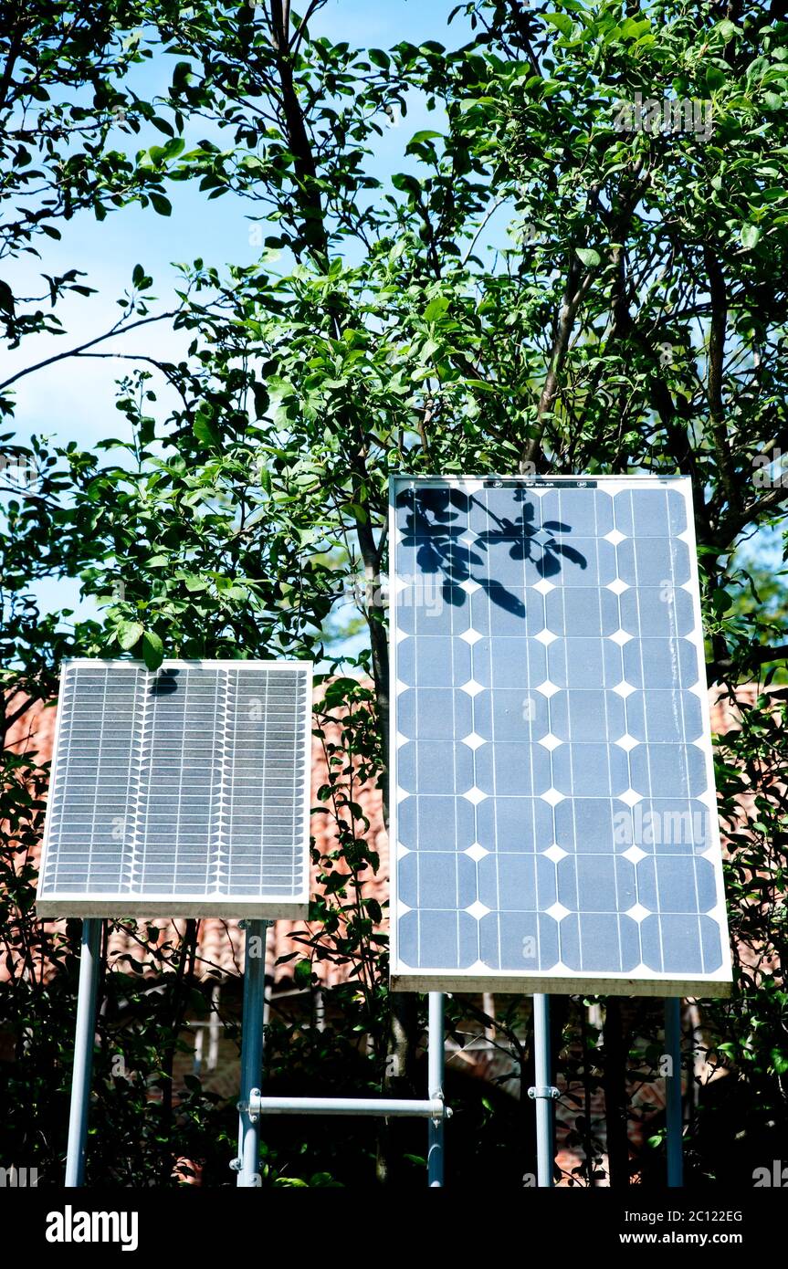 pair of small solar panels that serve to create electricity Stock Photo ...