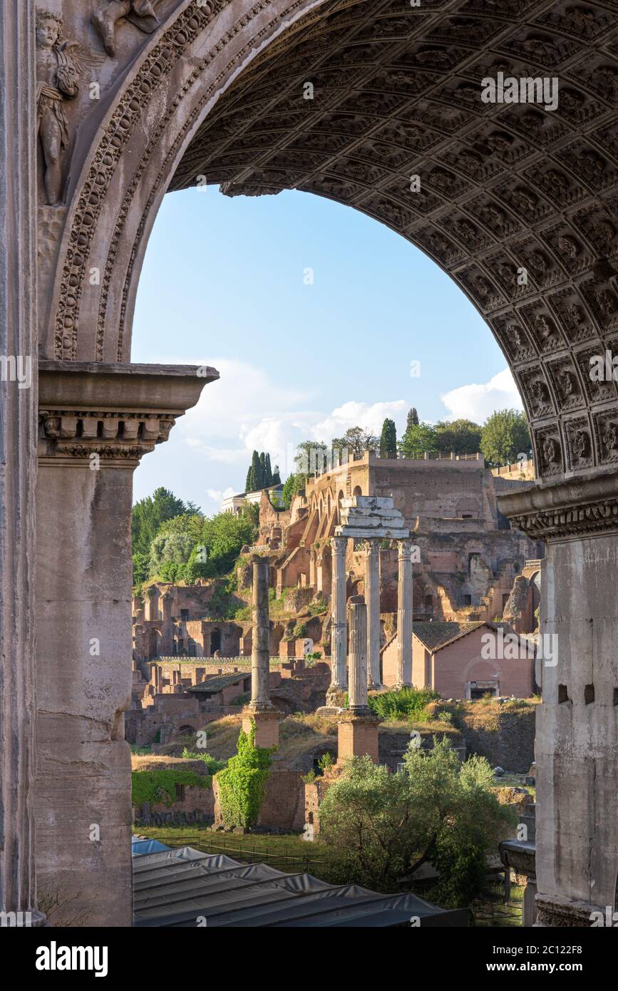 The ancient ruined columns in the temple of Castor and Pollux appear ...