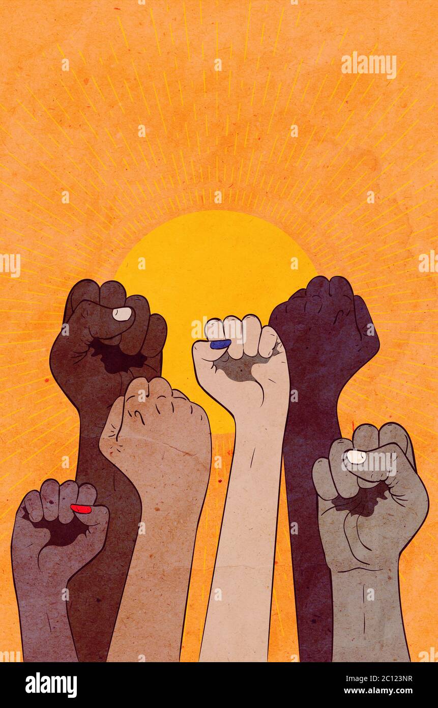 Protest concept banner, raised up fists in different skin color ...