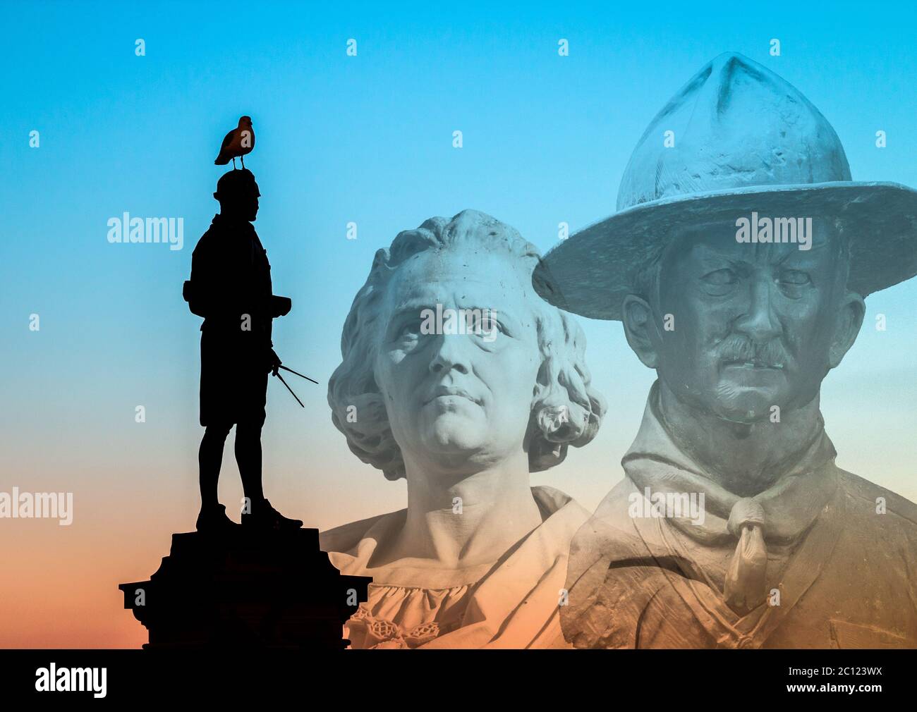 Statues, sculptures of (from left) Captain James Cook, Christopher ...