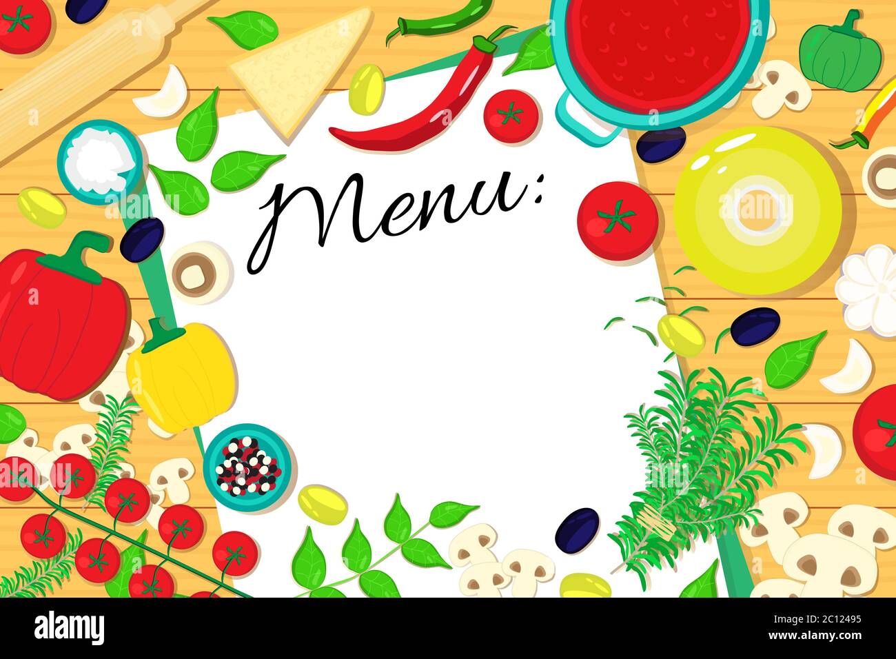 Menu list on the table with food ingredients. Vector illustration ...