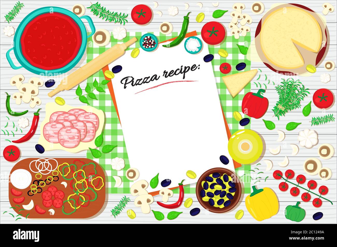 Pizza recipe list on the table with food ingredients. Vector ...