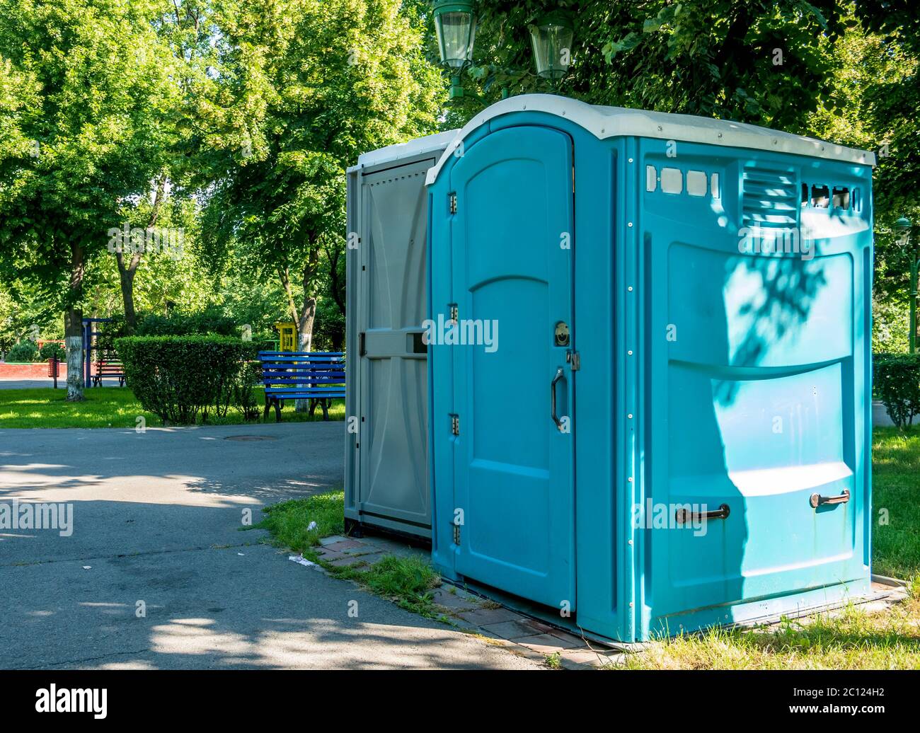 Toilet door restroom mobile portable public blue latrine lavatory hi ...