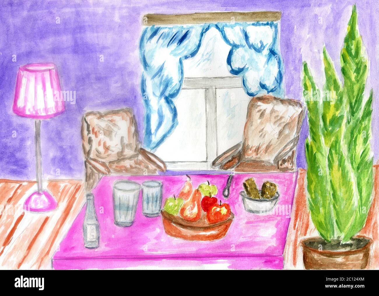 Hand drawn illustration of kitchen interior design, colored sketch ...