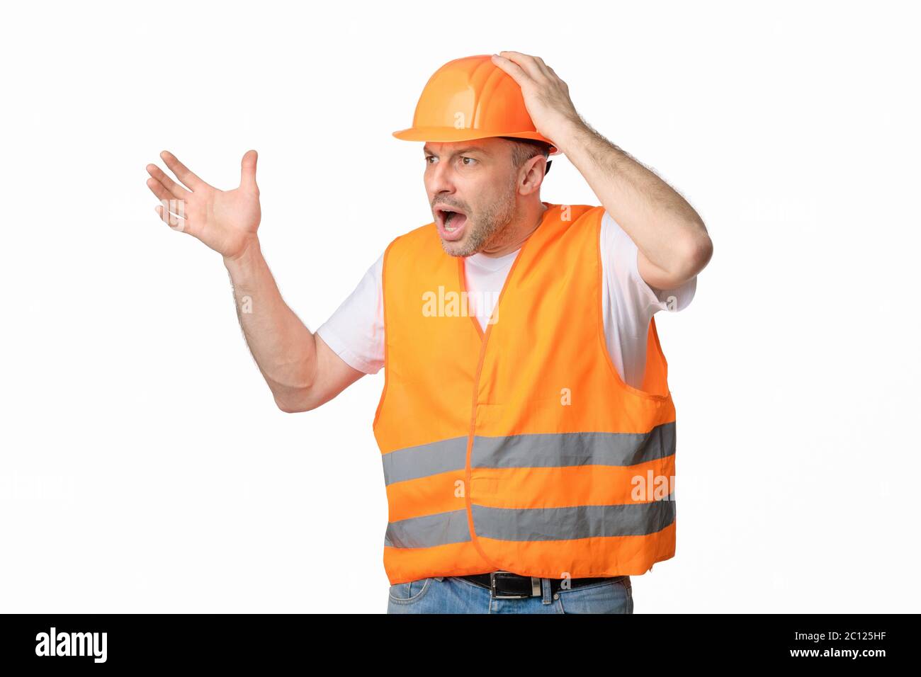Angry Construction Foreman Worker Shouting Touching Hardhat Standing ...