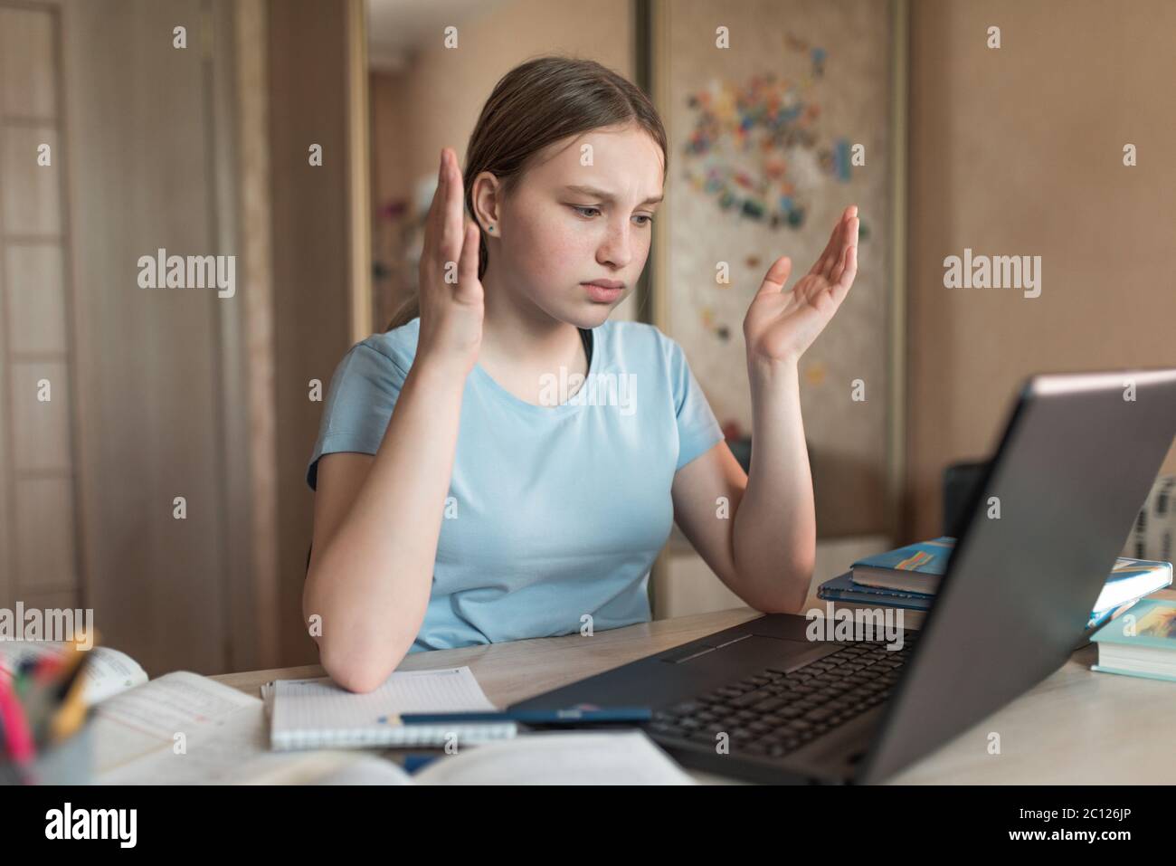 Teenager girl, upset surprised, problem is not understanding denial ...