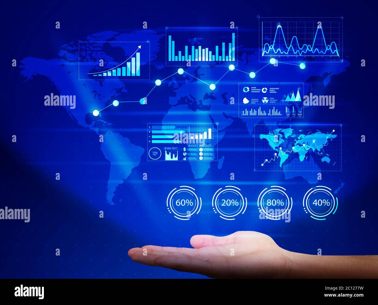 Hand Holding Holographic Screen With Business Information, Blue ...