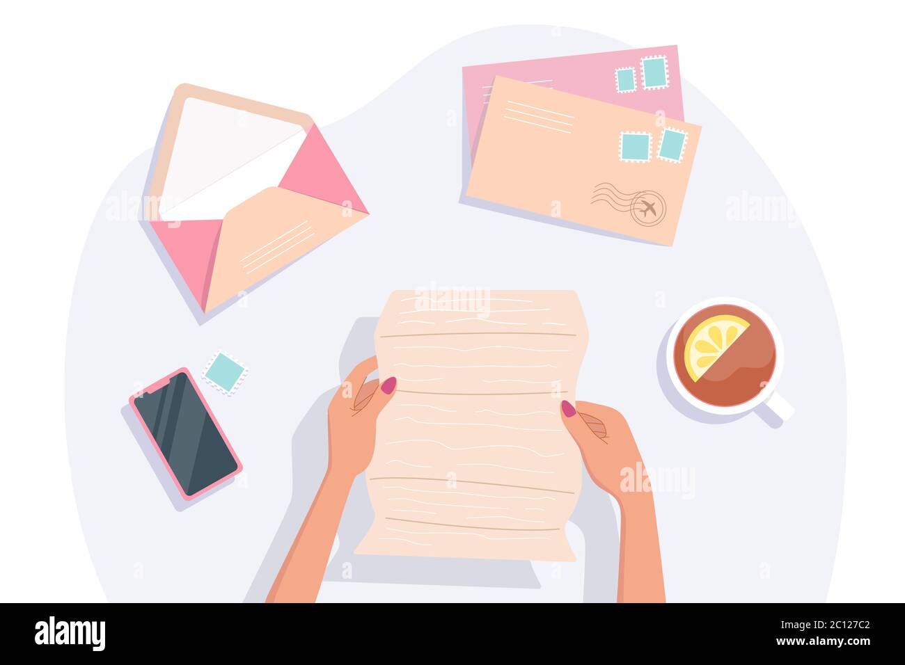 A letter in hands of woman, holds and reading a letter. Envelopes ...