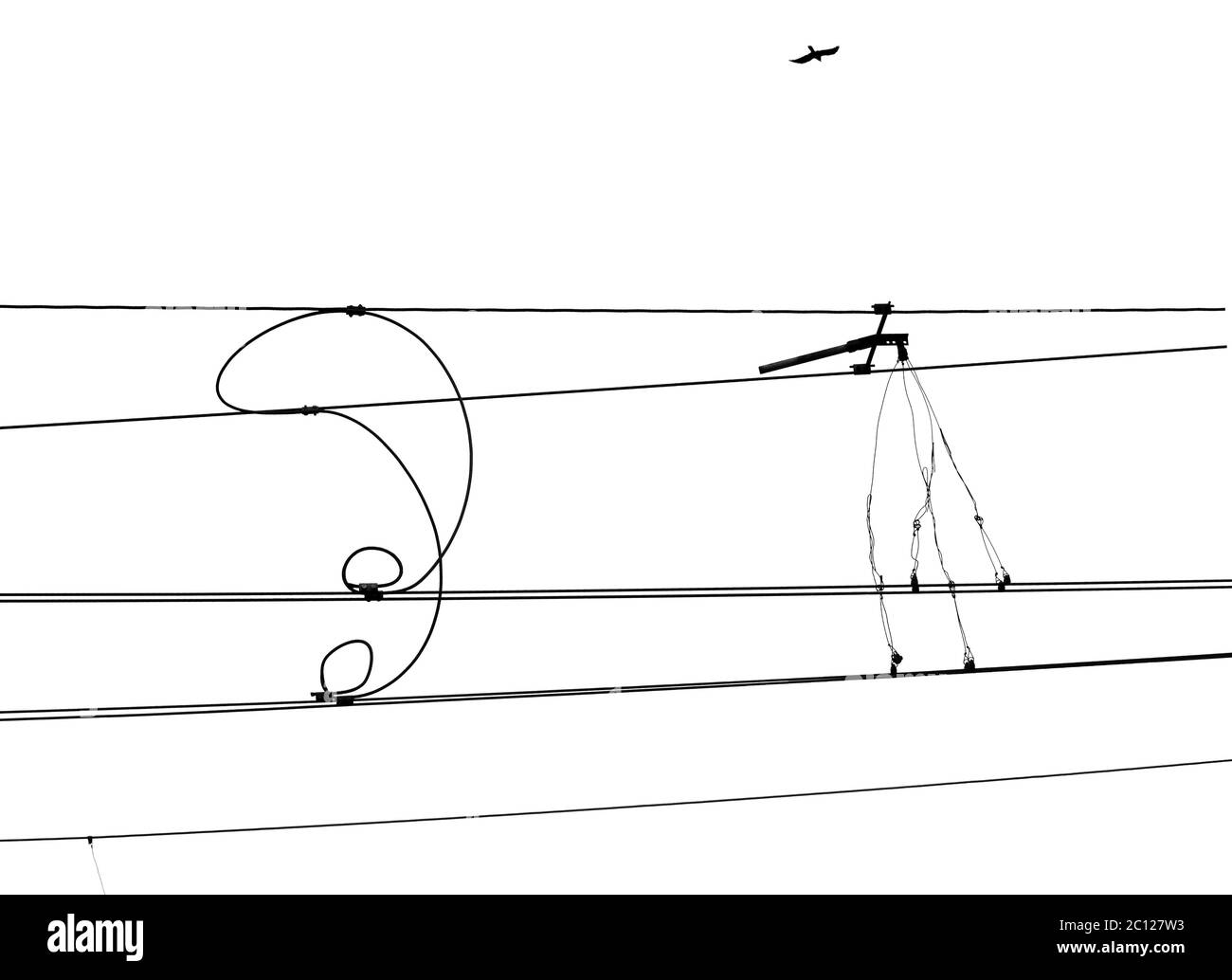 Isolated railway electrification system. Overhead line wire over rail track. Power lines Stock ...