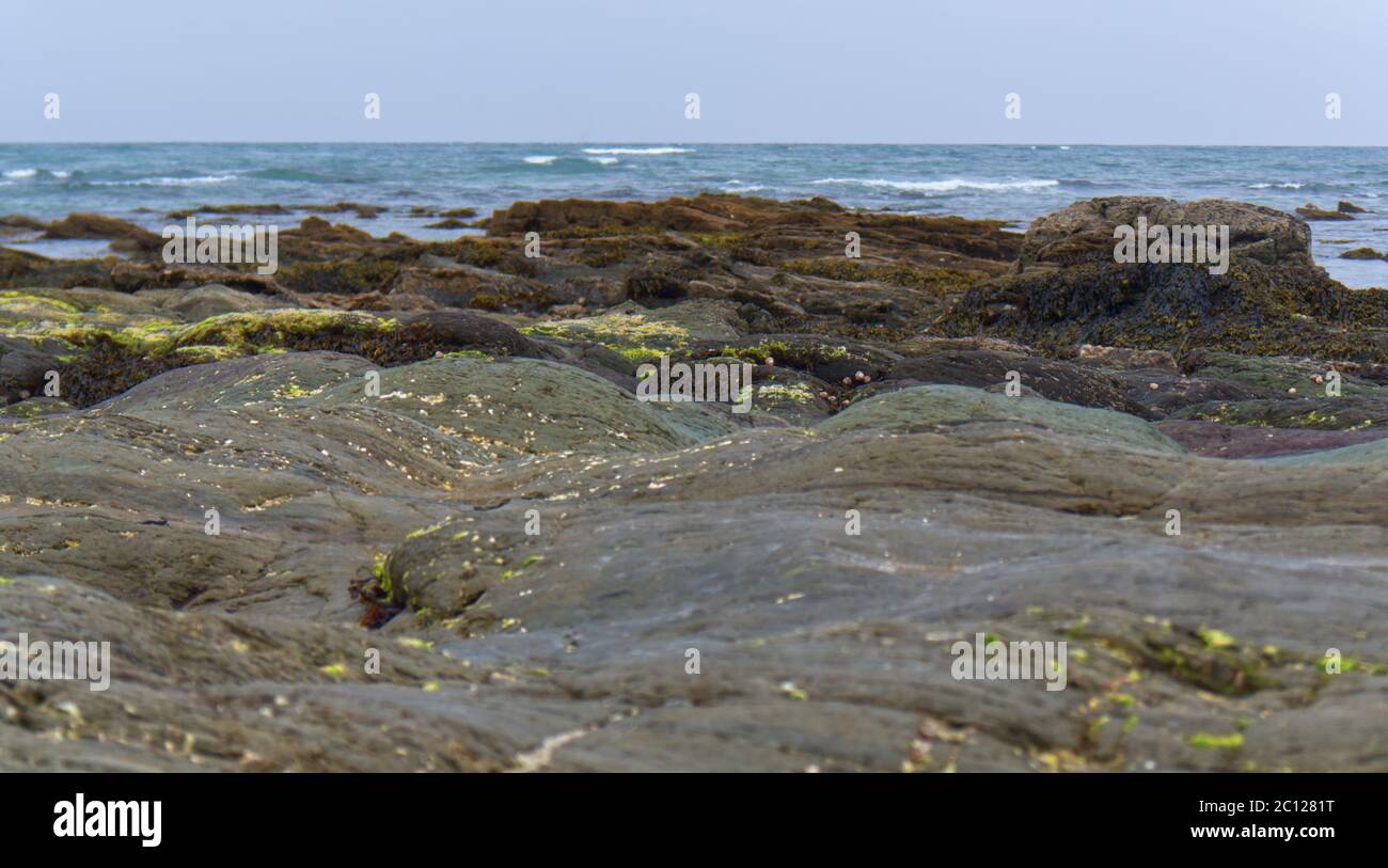 Rocks, pebbles, rock pools, sand and ocean on an overcast June day in ...