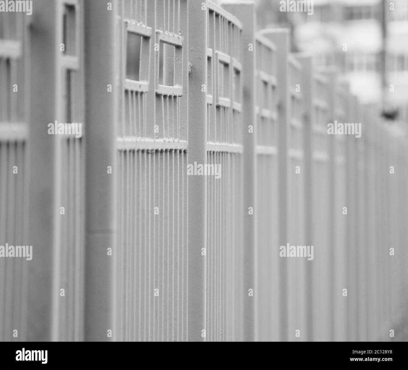 gray metal fence in the long run as a background and green leaf Stock ...