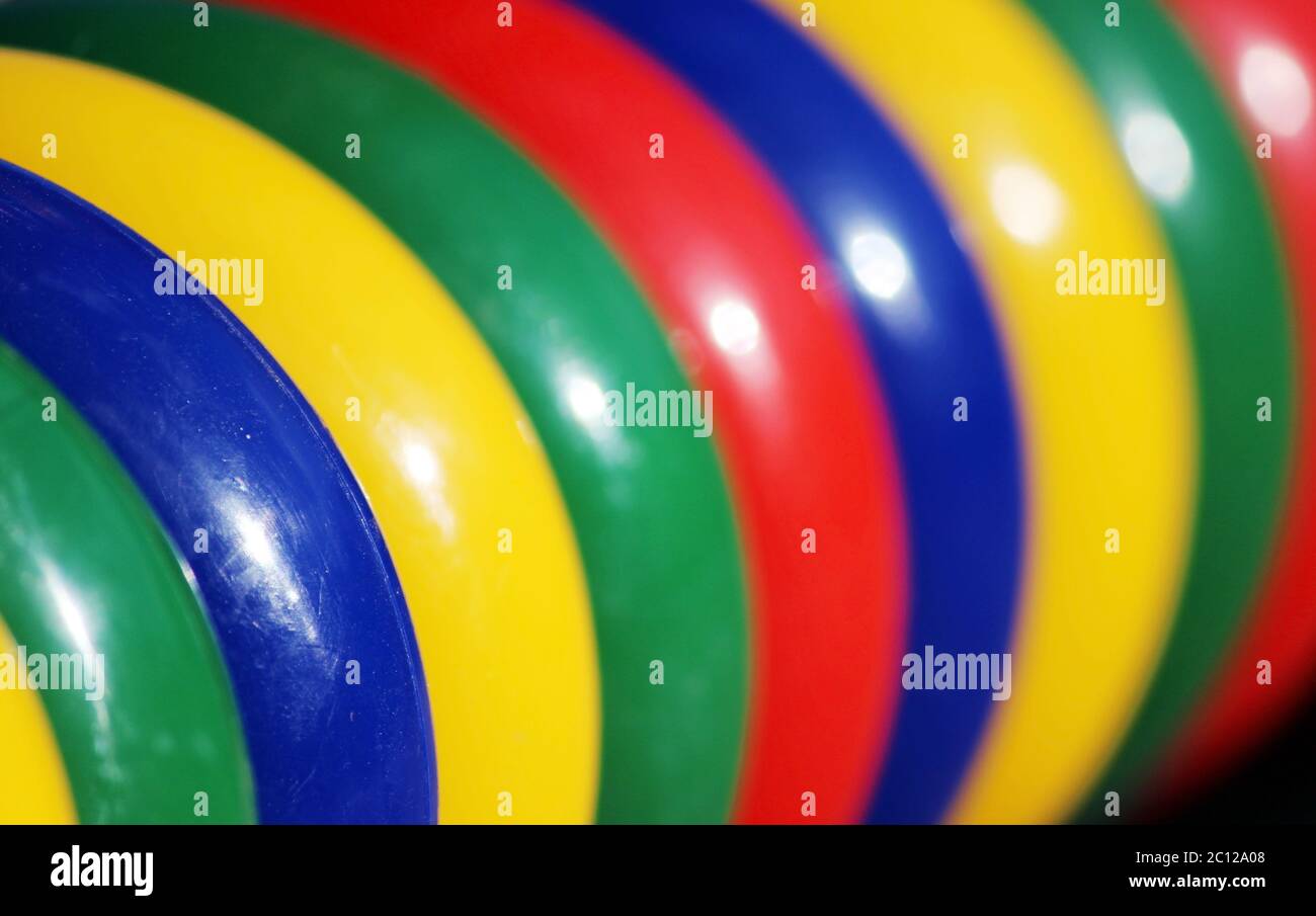 colored plastic rings on the playground for games and children's ...