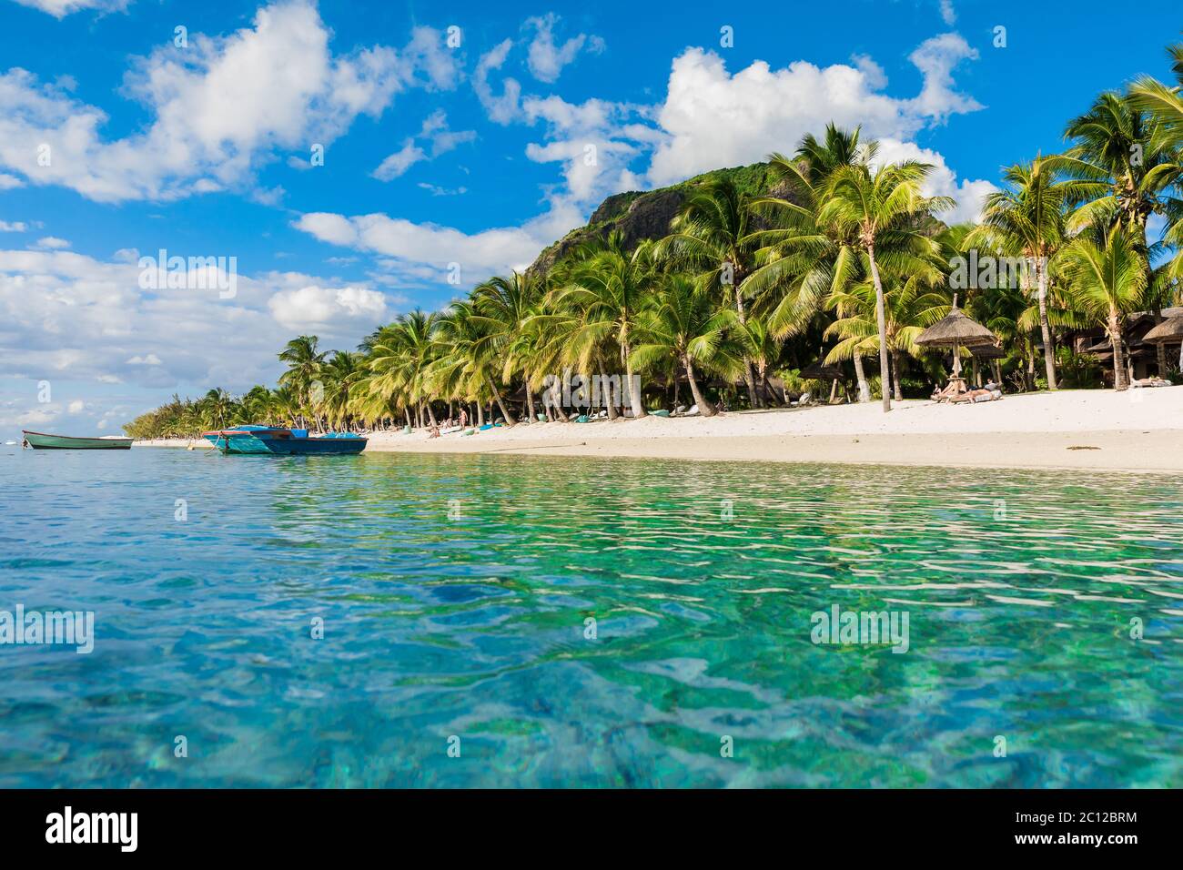 Luxury beach in Mauritius. Transparent ocean, white sand beach, palms ...