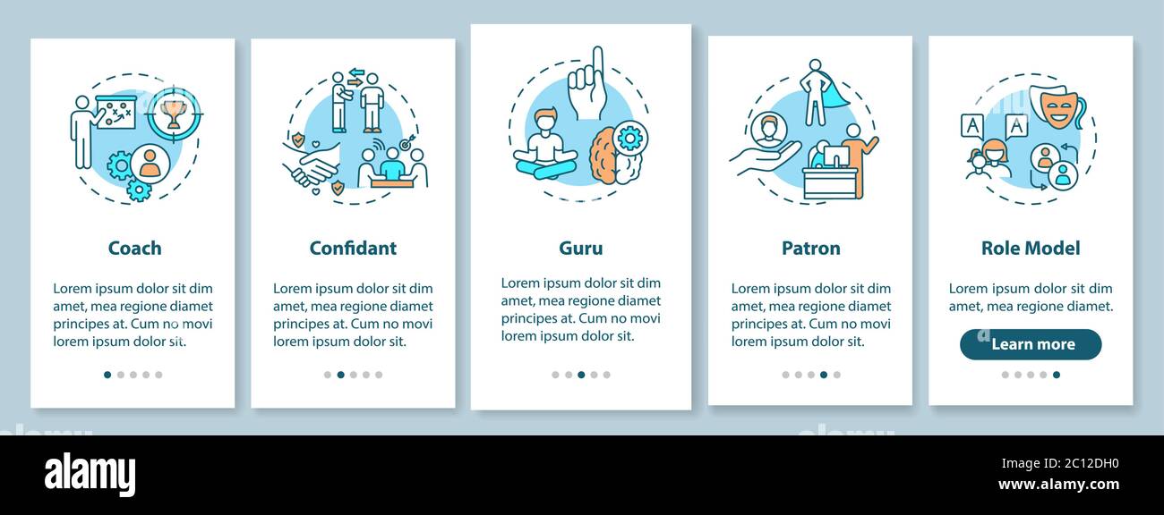 Role model types onboarding mobile app page screen with concepts Stock ...