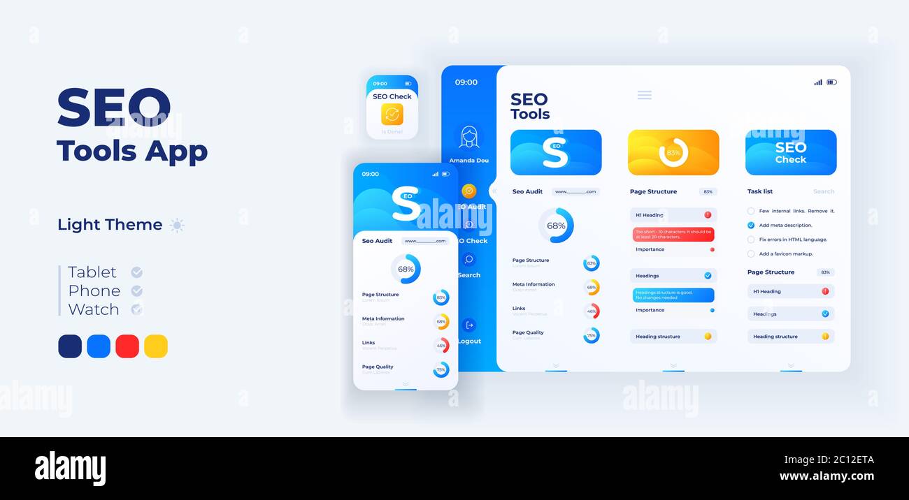 Seo instruments app screen vector adaptive design template Stock Vector Image & Art - Alamy