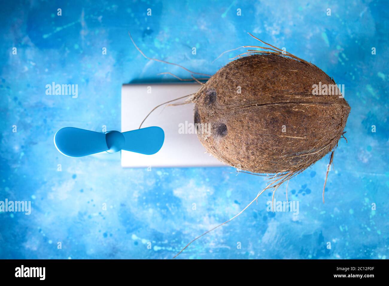Top view of a coconut chilling in front of a portable USB fan powered ...