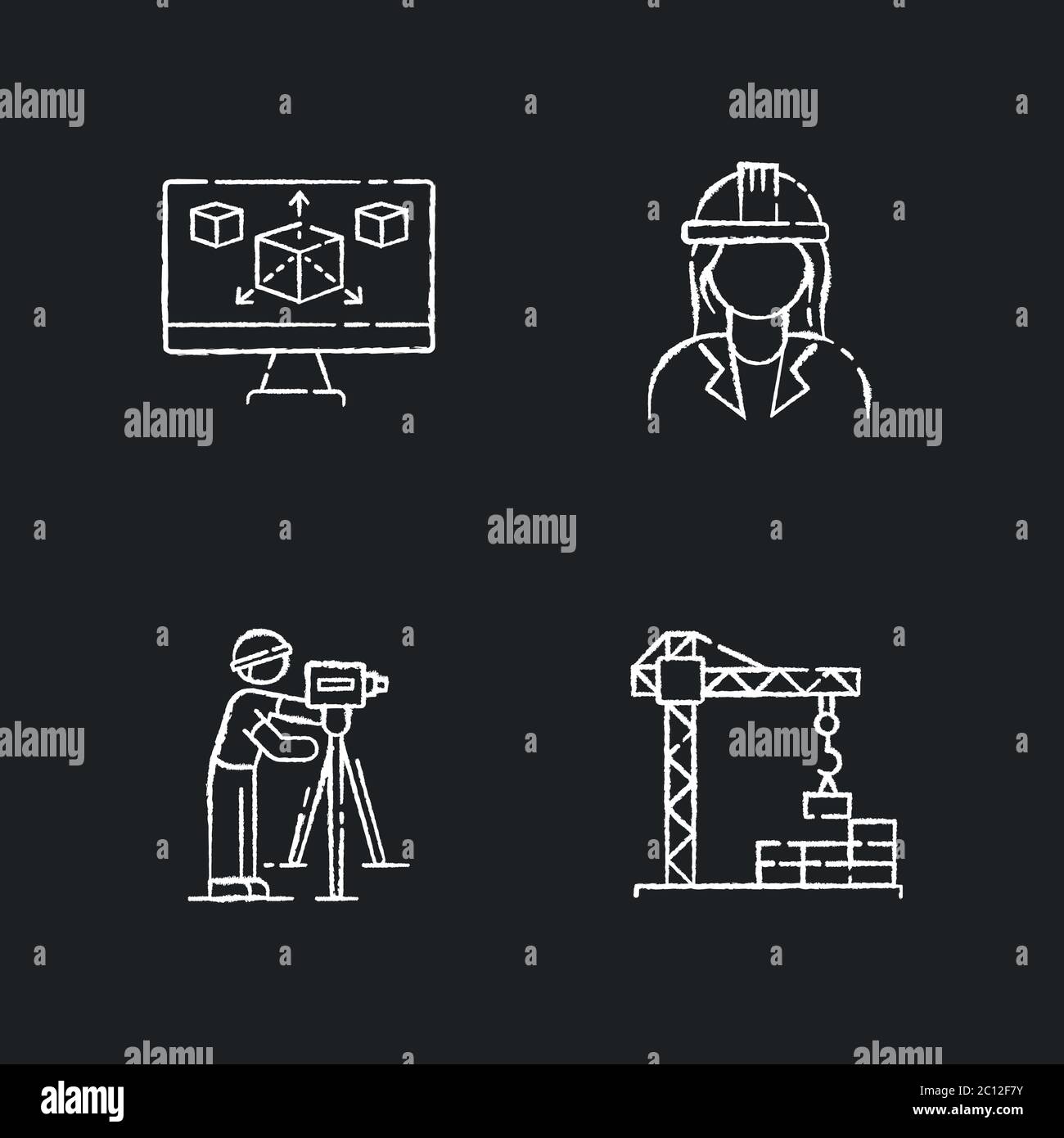 Construction building process chalk white icons set on black background ...