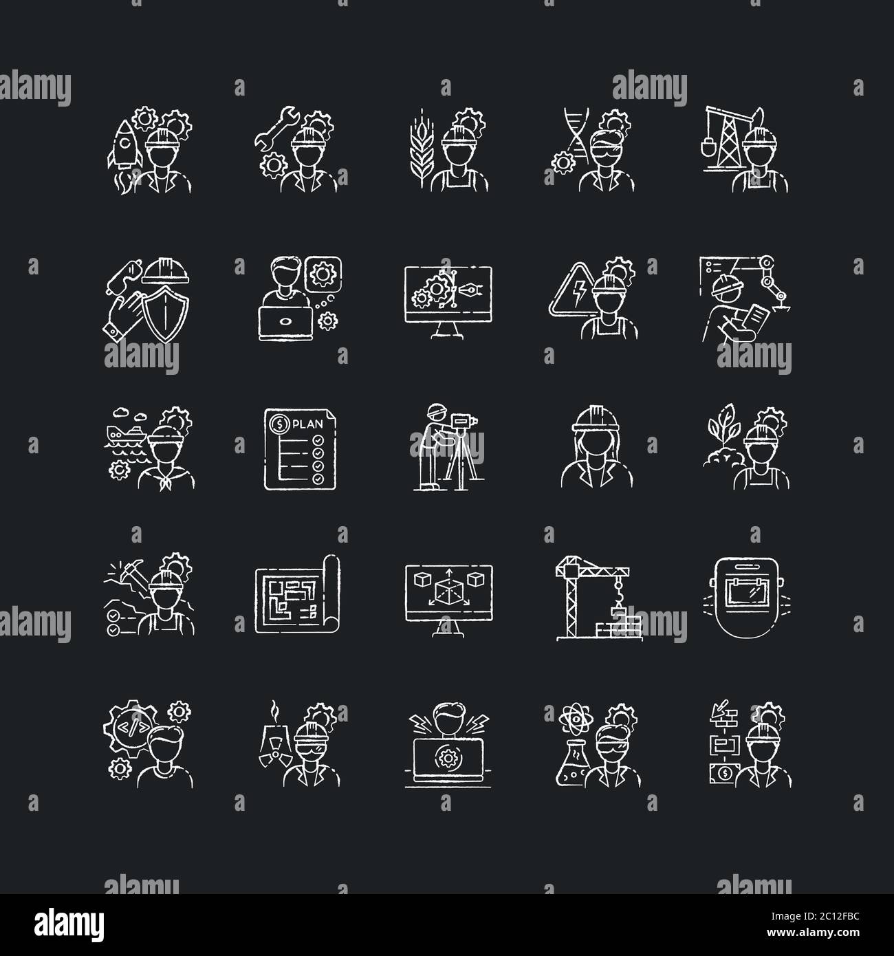 Civil engineering chalk white icons set on black background Stock ...