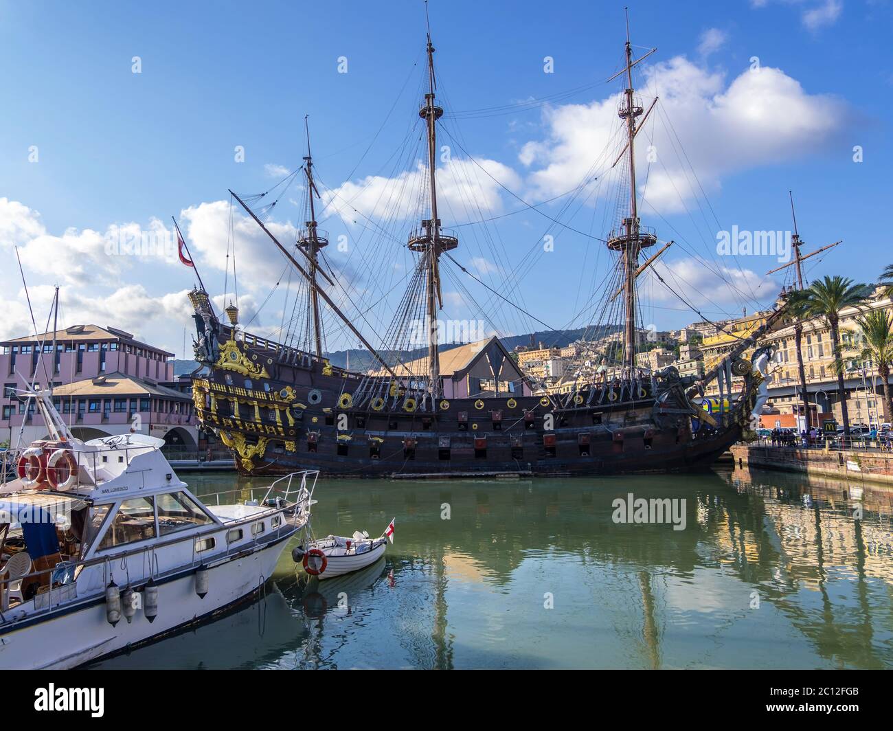 Genoa, Italy - August 18, 2019: The galleon Neptune is a ship replica ...